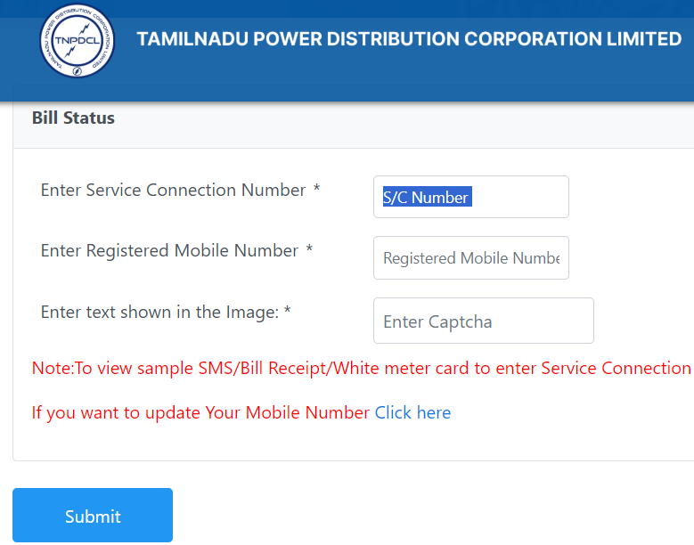 TNEB Bill Status Site